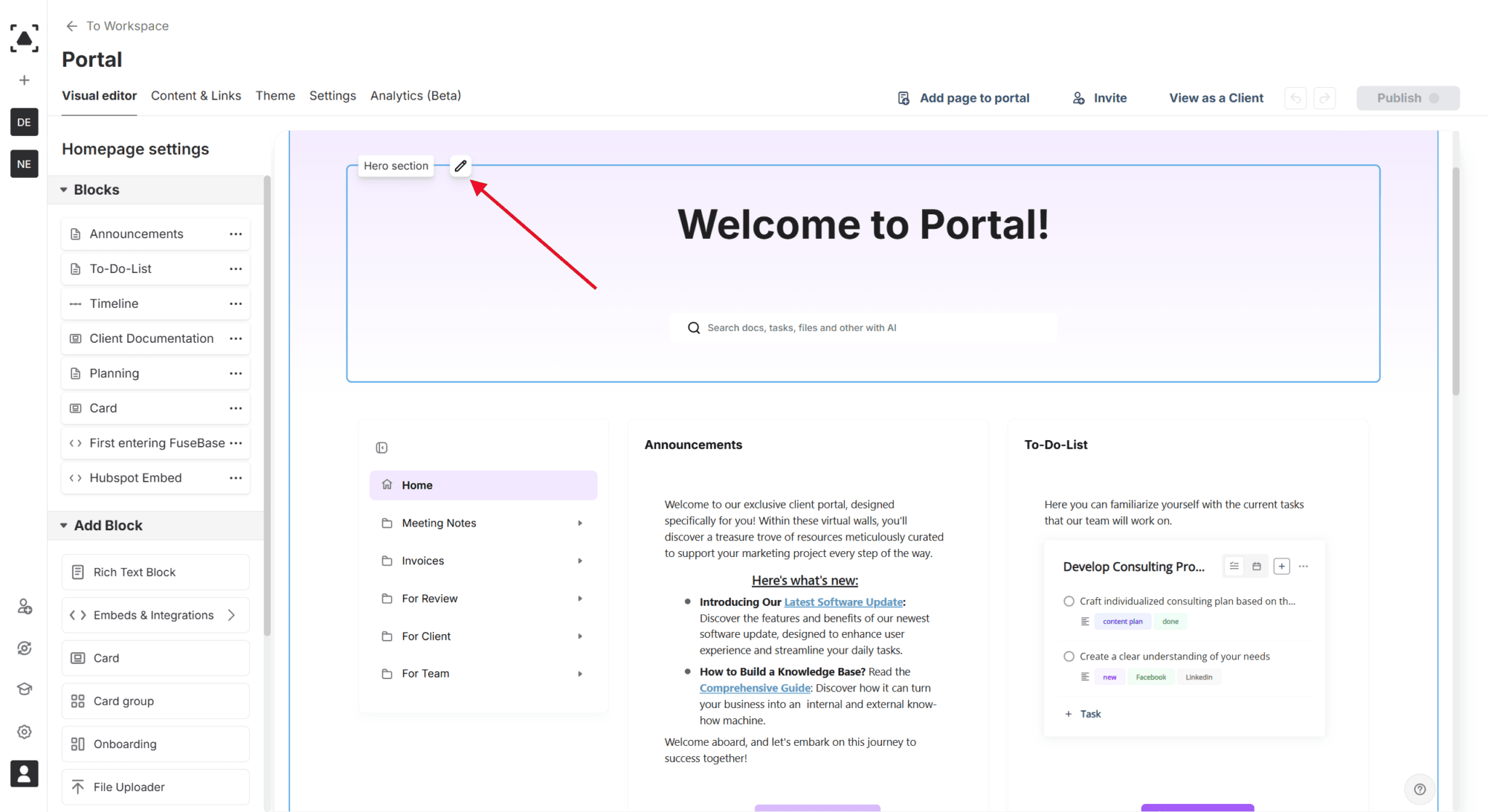 Variables in the portal – adding the client’s name to the Hero and other portal blocks. - FuseBase