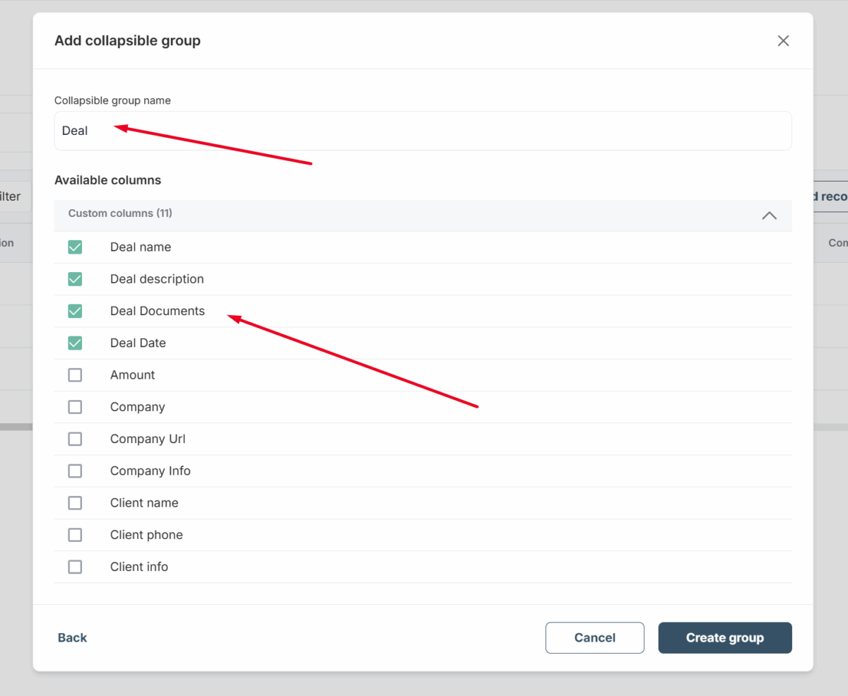 Column groups - simplifying data display in detailed view - FuseBase